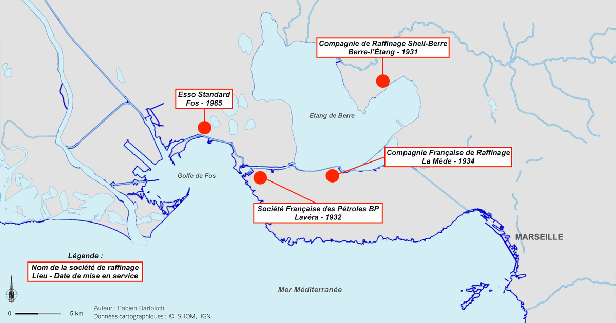 Carte des raffineries littorales de Fos-étang de Berre